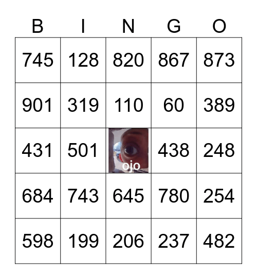 Numbers Bingo Card
