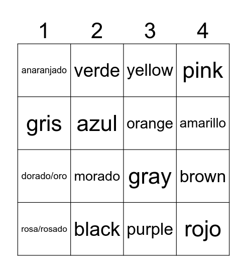 Los colores Bingo Card