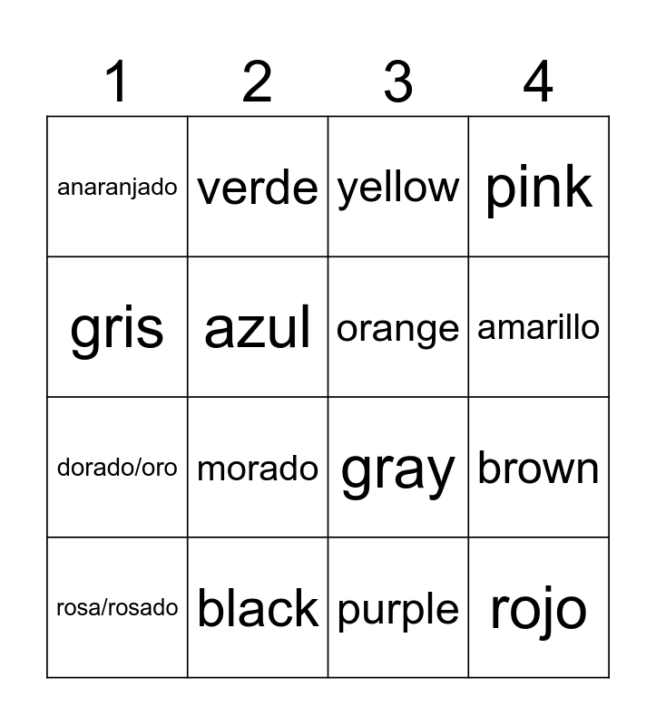 Los colores Bingo Card