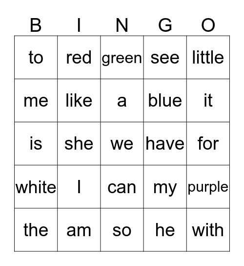 Sight Word Bingo Card