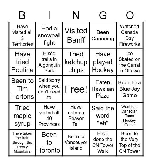 Canadian Bingo Card