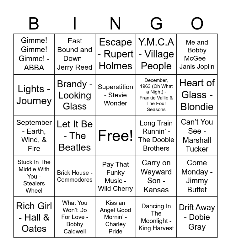 Top 70's Hits Bingo Card