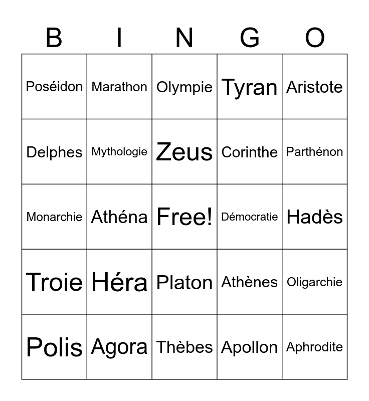 La Grèce Antique - BINGO Card