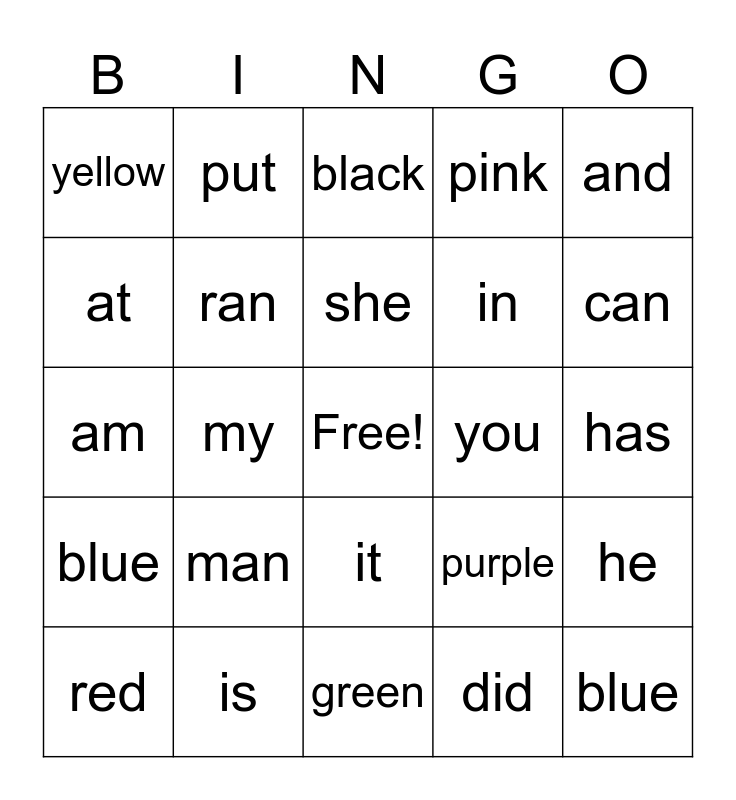 Kindergarten Bingo Card
