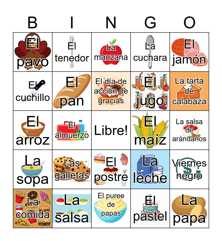 Thanksgiving Spanish Bingo Card