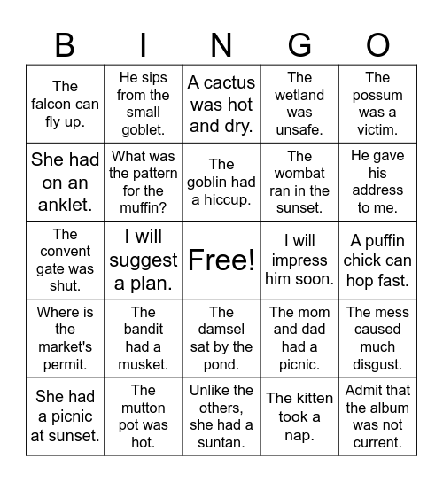 VCCV Sentences Bingo Card