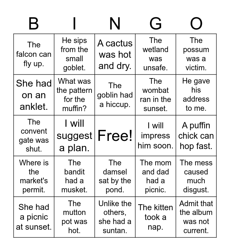 VCCV Sentences Bingo Card