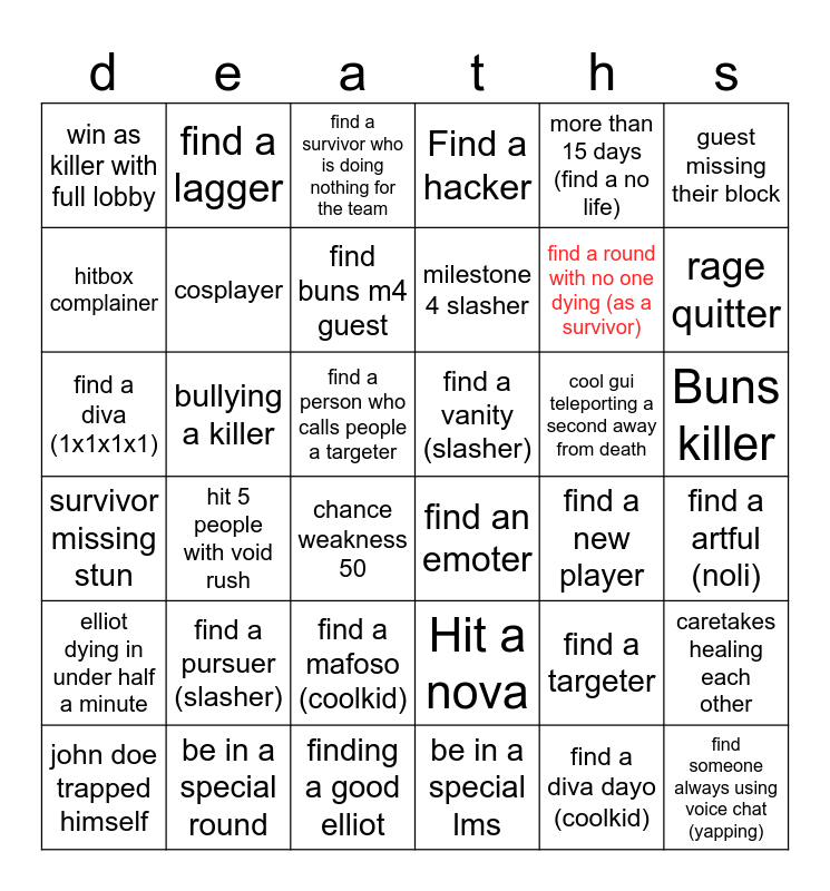 Forsaken Bingo Card