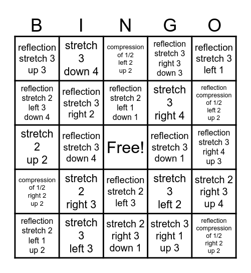 Absolute Value Transformations Bingo Card