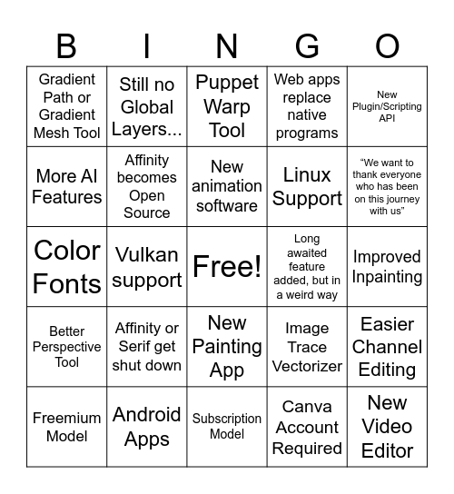Affinity 3.0 Bingo Card