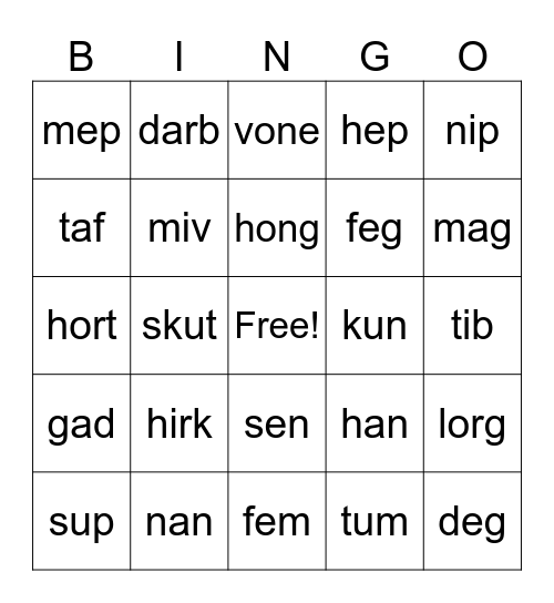 Nonsense Word Fluency Bingo Card