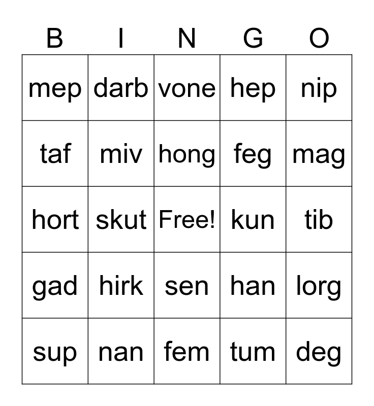 Nonsense Word Fluency Bingo Card