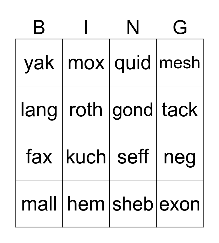 CVC, CVCC, CCVC Bingo Card