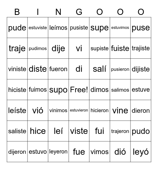 Verbos - Pretérito Indefinido Bingo Card
