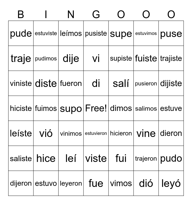 Verbos - Pretérito Indefinido Bingo Card