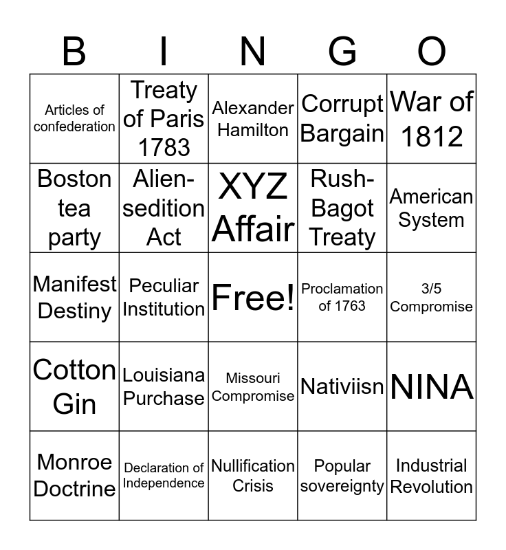 Early American History Bingo Card Early American History Bingo Card