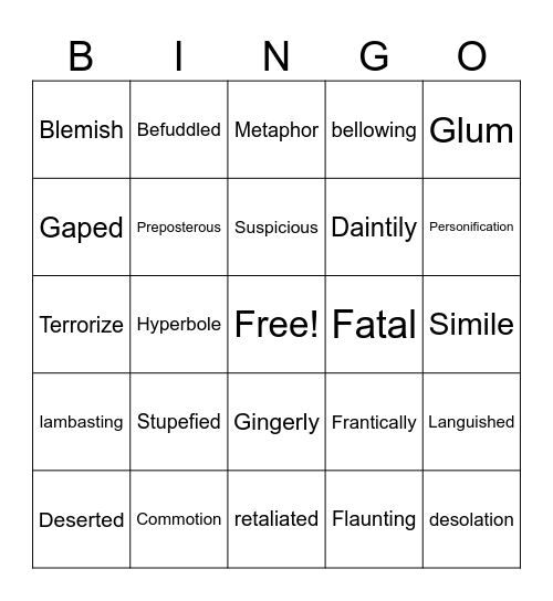 Maniac Magee Vocabulary Bingo Card