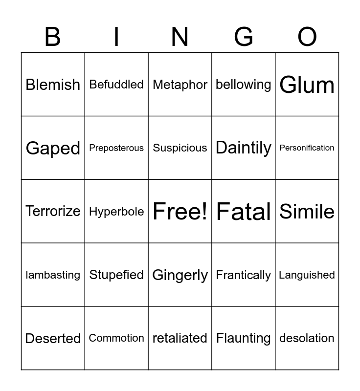 Maniac Magee Vocabulary Bingo Card