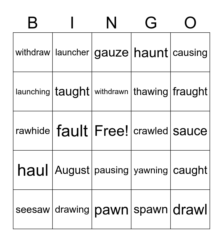 UFLI Lesson 93 AU, AW, AUGH Bingo Card