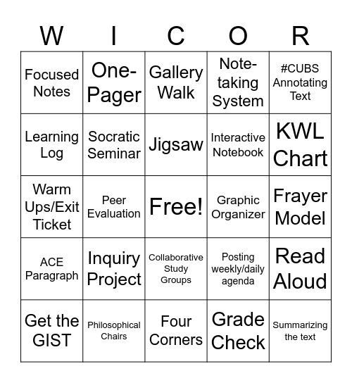 WICOR Strategies Bingo Card