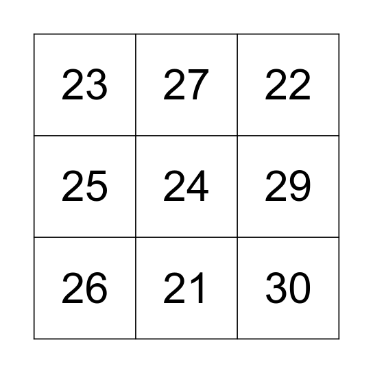 Number Bingo 21-30 Bingo Card