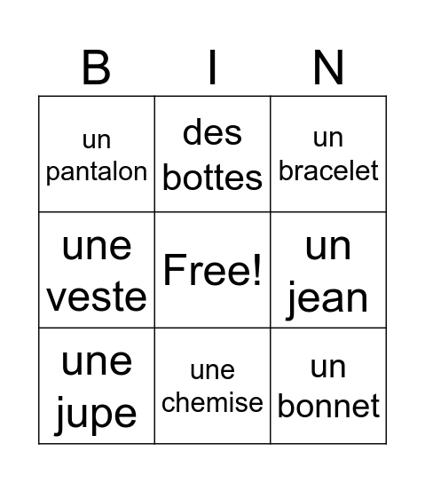 Les vêtements Bingo Card