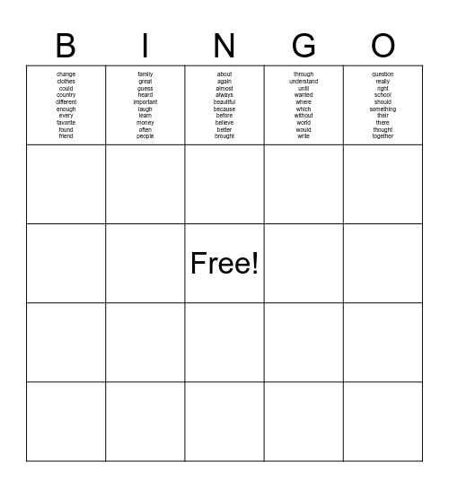 BASIC SIGHT WORDS Bingo Card