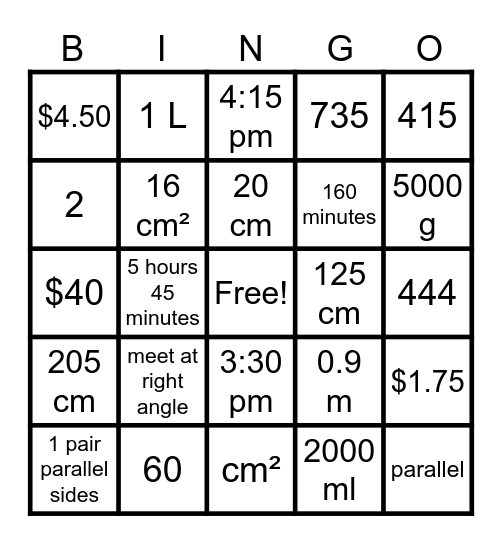 MATH BINGO Card
