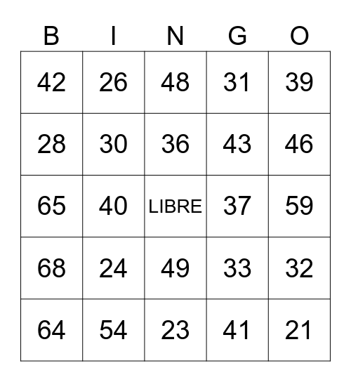 Le LOTO de 20 à 69 Bingo Card