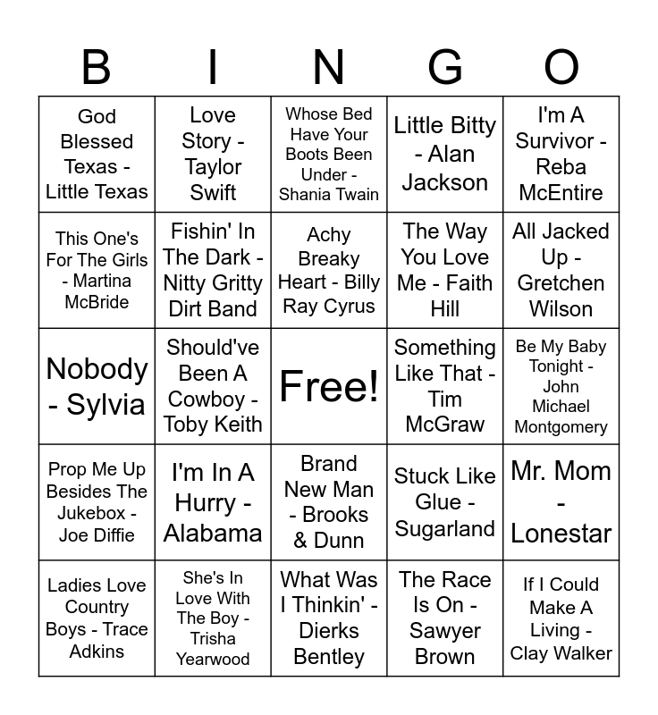 Country Music Bingo Card