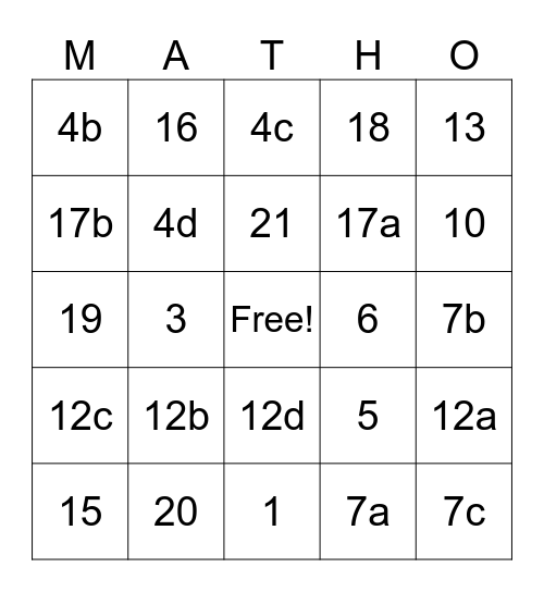 Chapter 5 Review MATHO Bingo Card