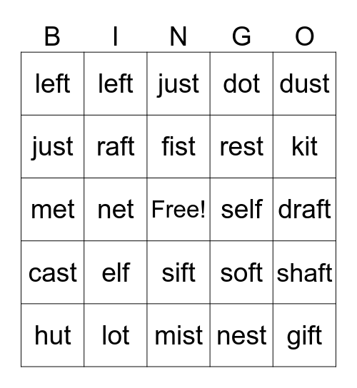 Level E-Final Consonant Blends t/ft/lf/st Bingo Card