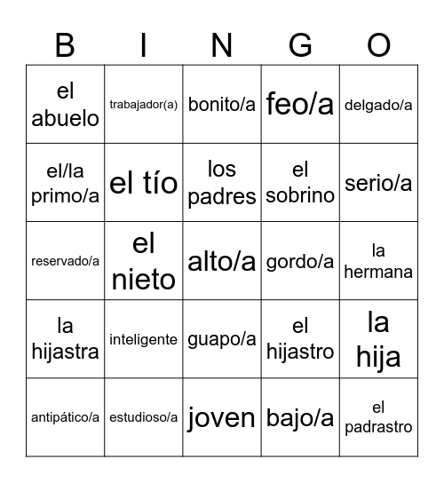 Descriptive Adjectives/Family Vocab Bingo Card