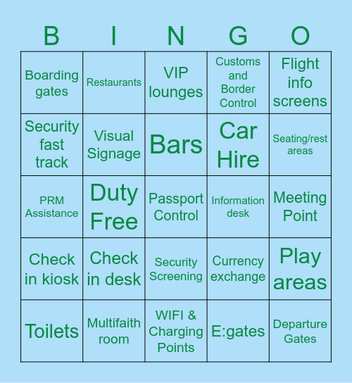 Airport Facilities and Services Bingo Card