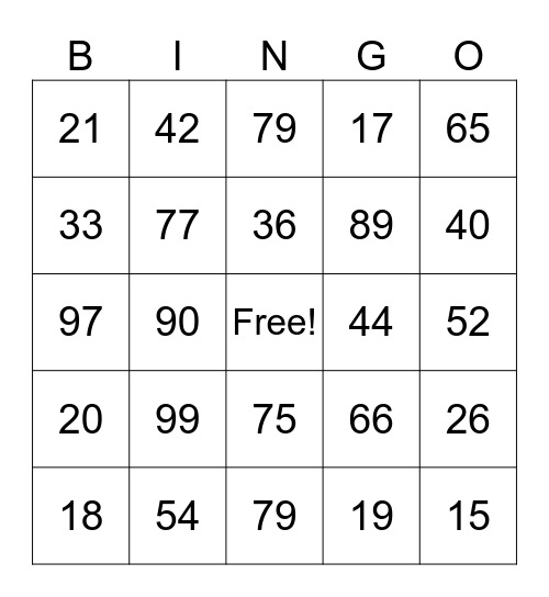 Numbers 1-100 Bingo Card
