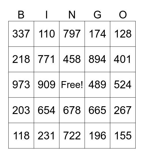 Numbers 1-100 Bingo Card