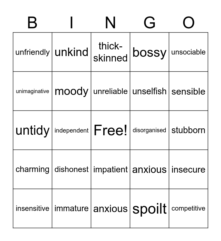 personality Bingo Card