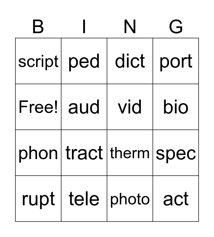 Root Word Bingo Card