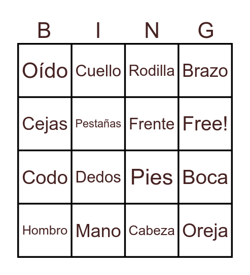 Partes del cuerpo Bingo Card