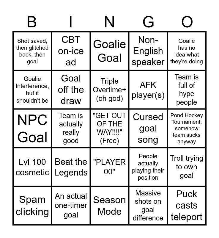 Ro-Hockey World Tour Bingo Card