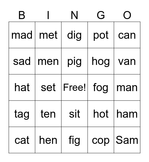 CVC Word Bingo Card