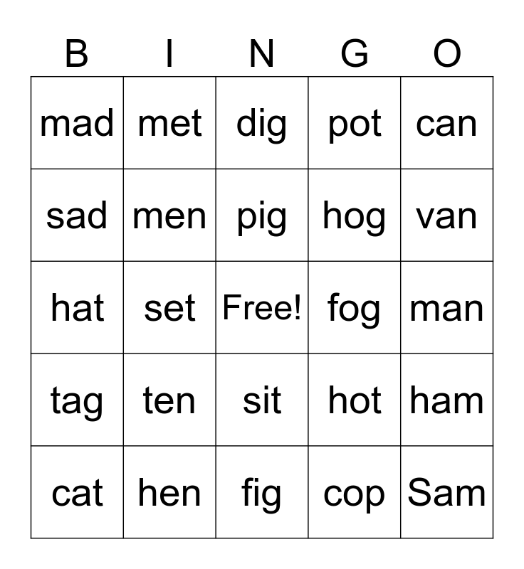 CVC Word Bingo Card