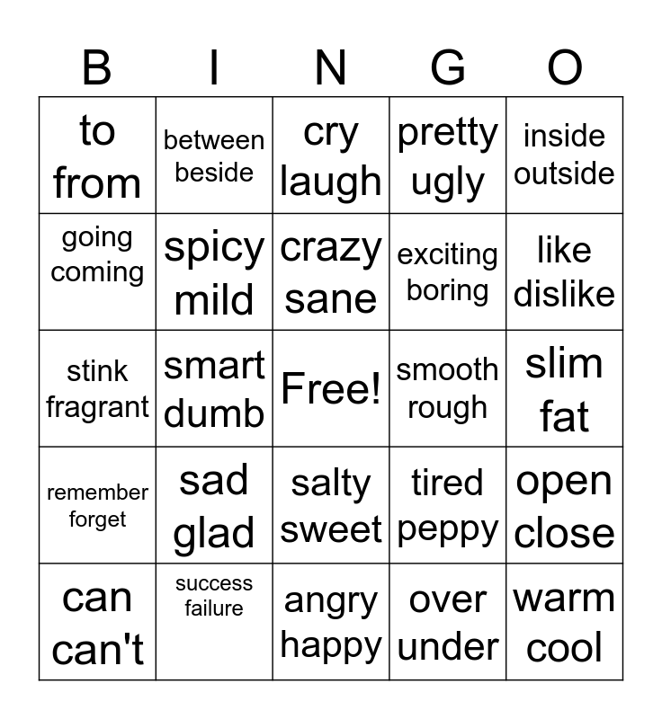 Antonyms Bingo Card