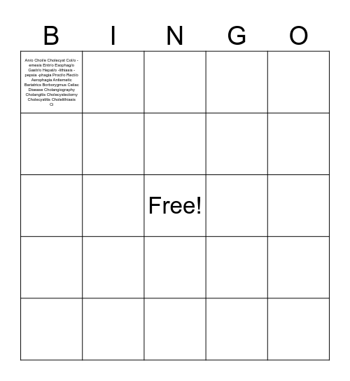 Digestive System Bingo Card