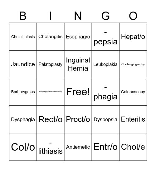 Digestive System Bingo Card