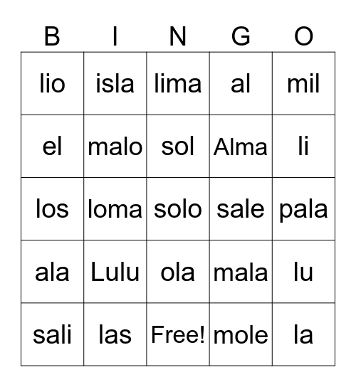 Letra L l Bingo Card