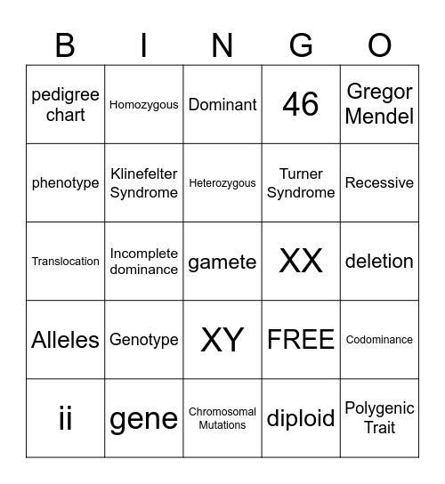 Non-Mendelian Genetics Bingo Card