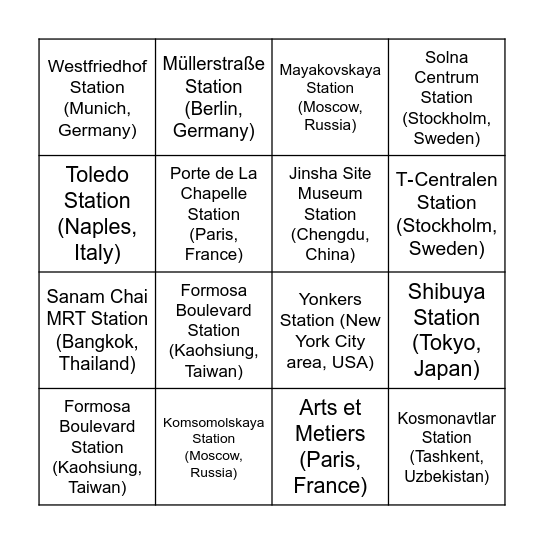 SUBWAY STATIONS BINGO Card