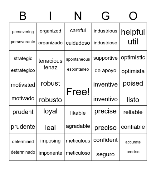 Adjectives Bingo Card