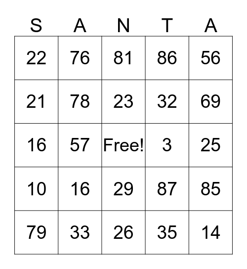 SANTA BINGO Card